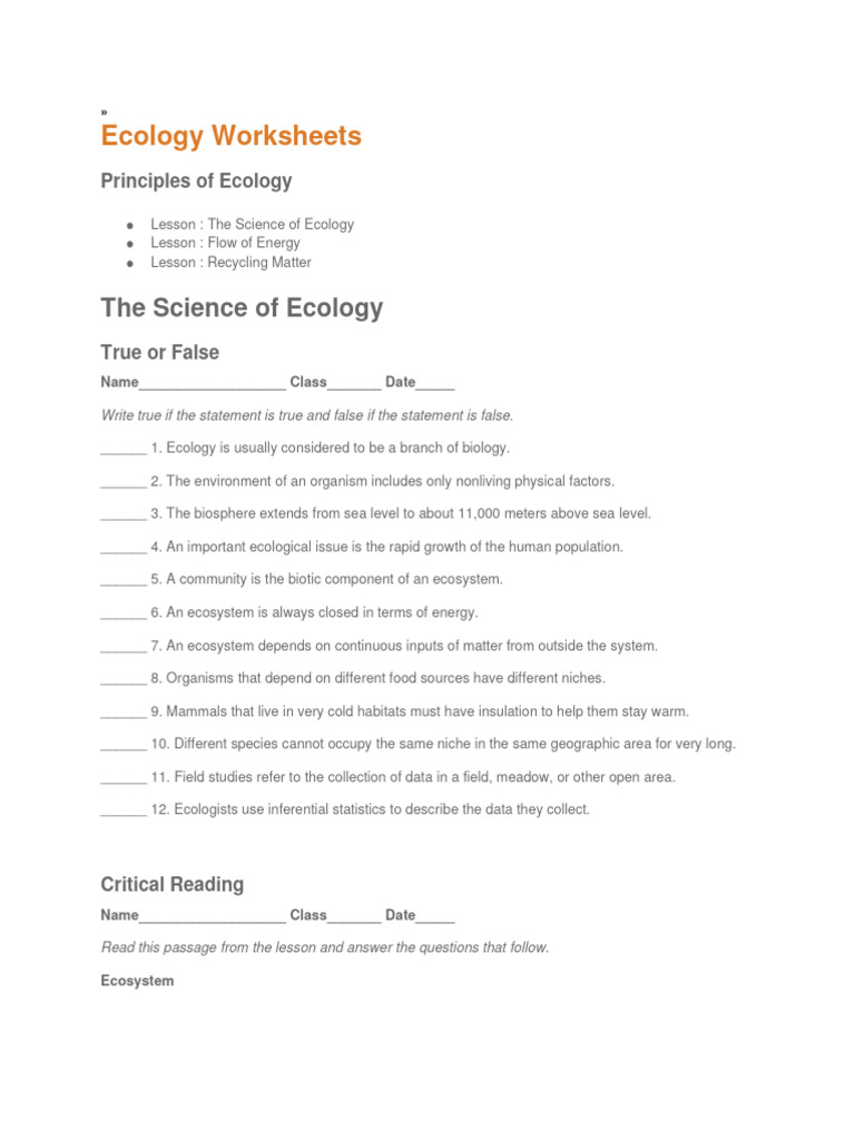 Ecology Worksheet | PDF | Ecosystem | Cyanobacteria