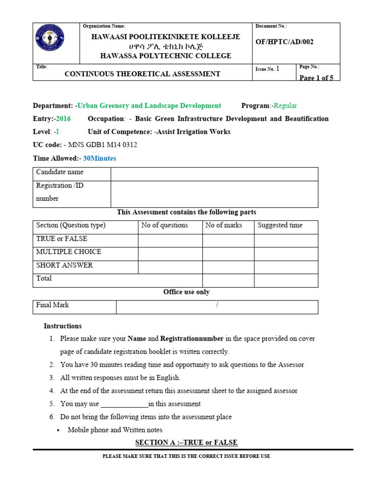 Continuous Assessment for Irrigation Skills | PDF | Personal Protective ...