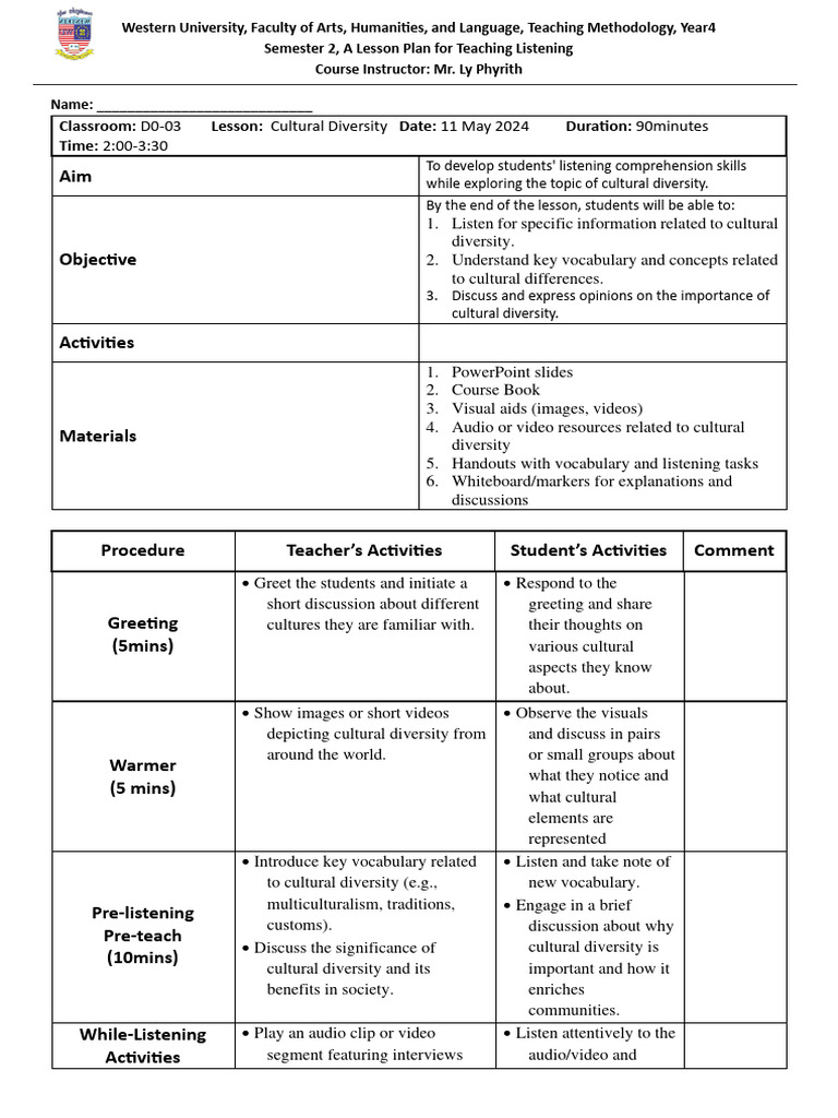 Lesson Plan For Teaching Listening Cultural Diversity | Download Free ...