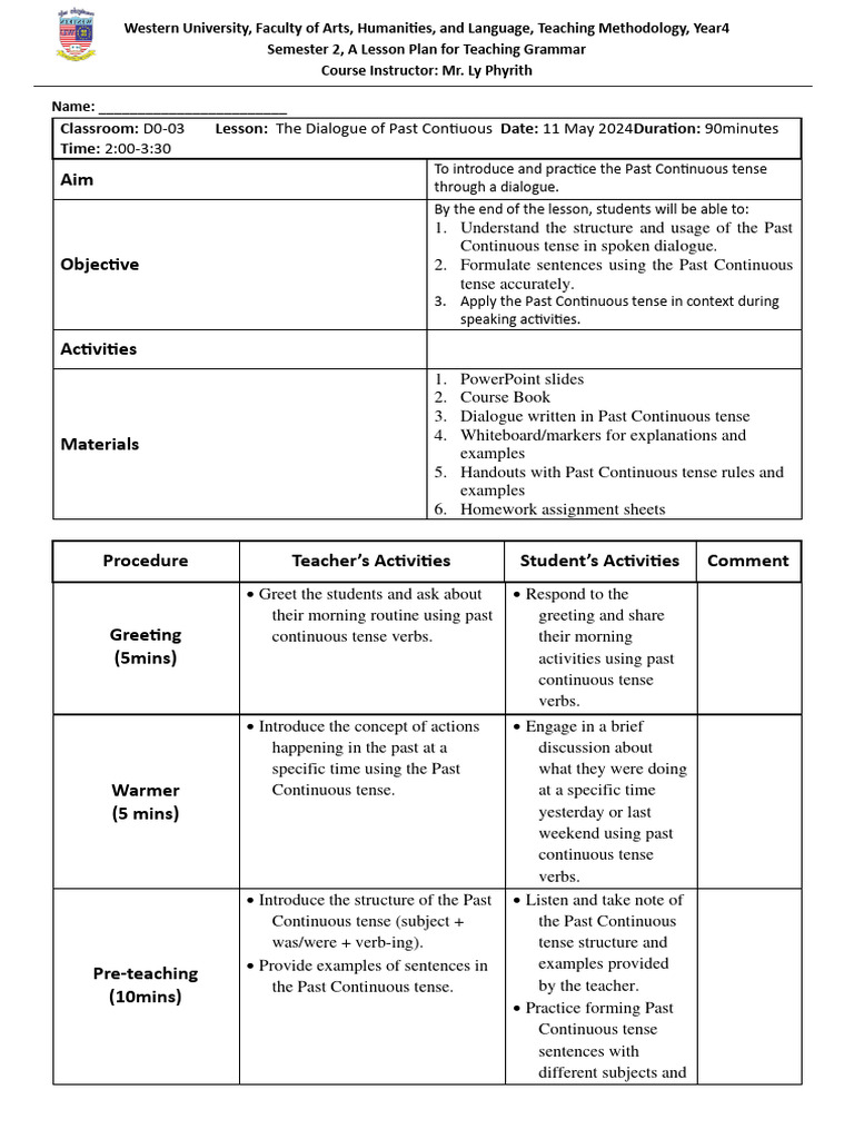 Lesson Plan: Teaching Past Continuous Tense | PDF | Grammatical Tense ...