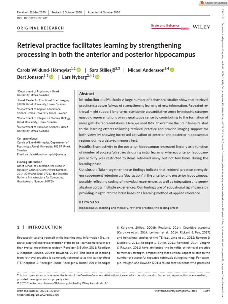 Retrieval Practice Facilitates Learning by Strengthening Processing in ...