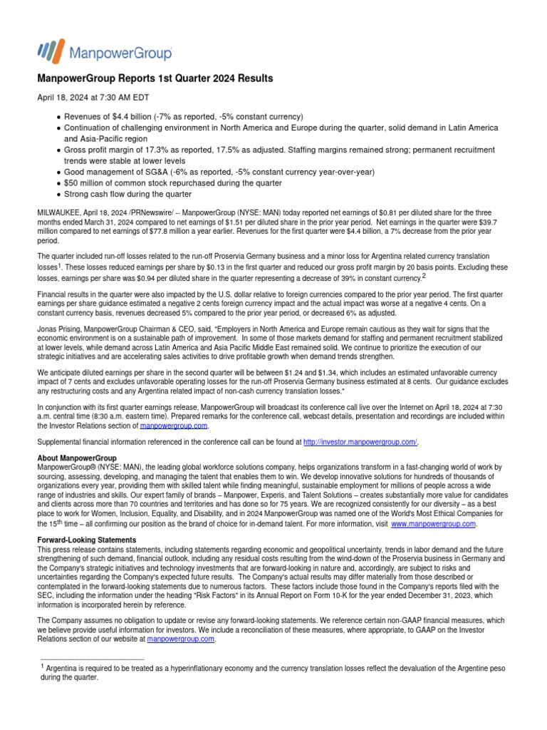 ManpowerGroup Reports 1st Quarter 2024 Results | PDF | Equity (Finance ...