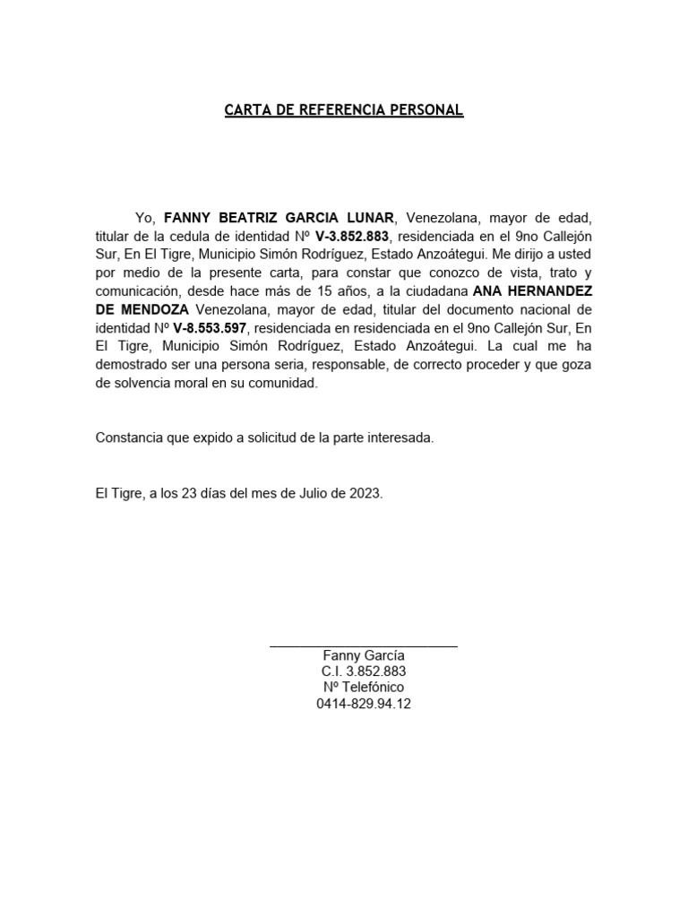 CARTA DE REFERENCIA PERSONAL | PDF