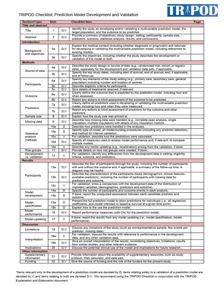 Tripod Checklist Prediction Model Development and Validation Word | PDF ...