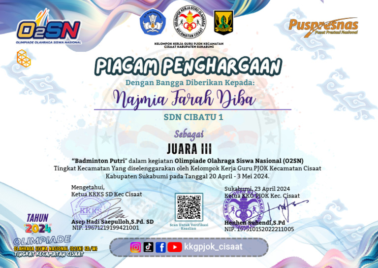 Piagam Penghargaan O2sn 2024 | PDF