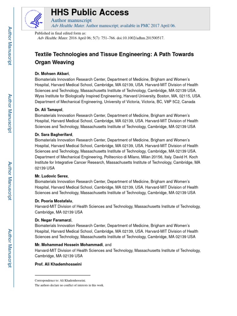 Textile Based Tissue Engineering Scaffolds Pdf Tissue Engineering