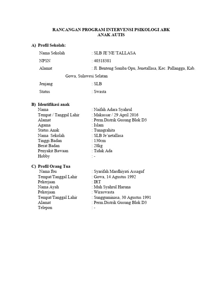 Rancangan Program Intervensi Psikologi Abk | PDF