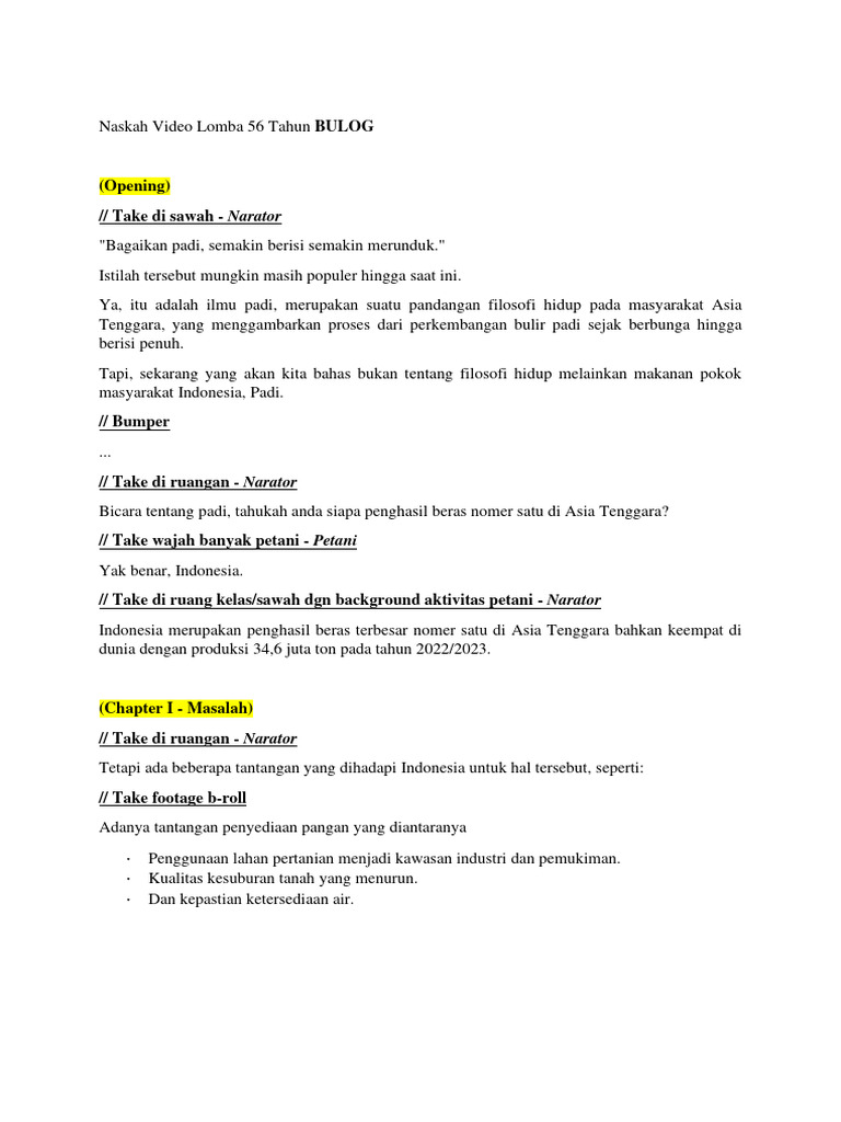 Narasi Video Lomba 56 Tahun Bulog - Final Draft - Edited | PDF