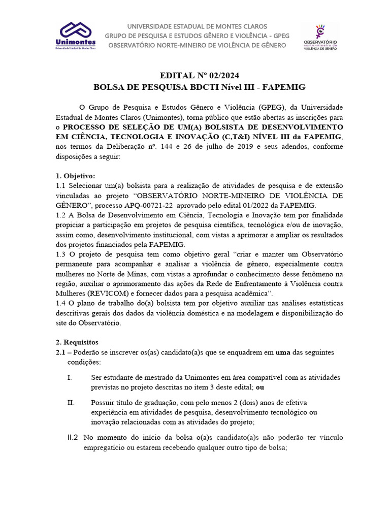EDITAL N. 02-2024 BDCTI III Assinado Gpeg | PDF | Violência | Mestrado