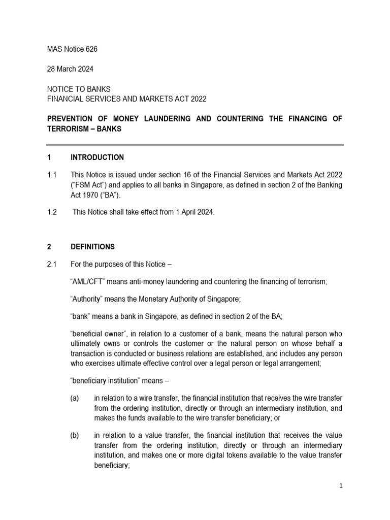MAS Notice 626 Dated 28 March 2024 | PDF | Cryptocurrency | Identity ...