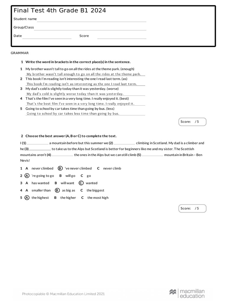 KEY 4th grade End-of-year Test 2024 | PDF | Restaurants | Chef