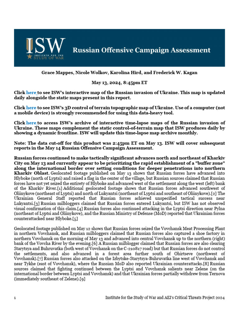 Russian Offensive Campaign Assessment May 13 2024 | PDF | Vladimir ...