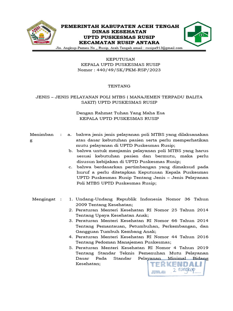 SK Jenis Pelayanan Mtbs 2023 | PDF