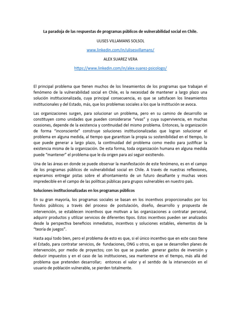 La Paradoja de Las Respuestas de Programas Públicos de Vulnerabilidad Social en Chile | PDF ...