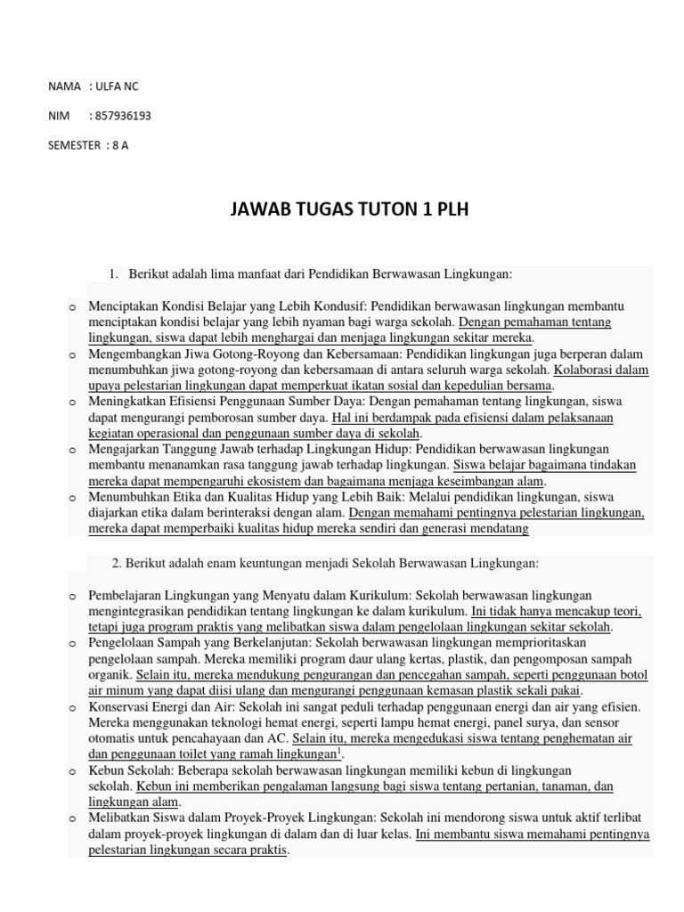 Jawaban Tugas Tuton 1 Ulfa PLH | PDF