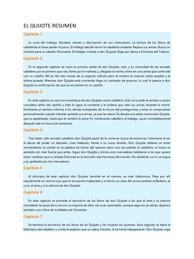 El Quijote Resumen | Descargar gratis PDF | Don Quijote | Miguel De ...