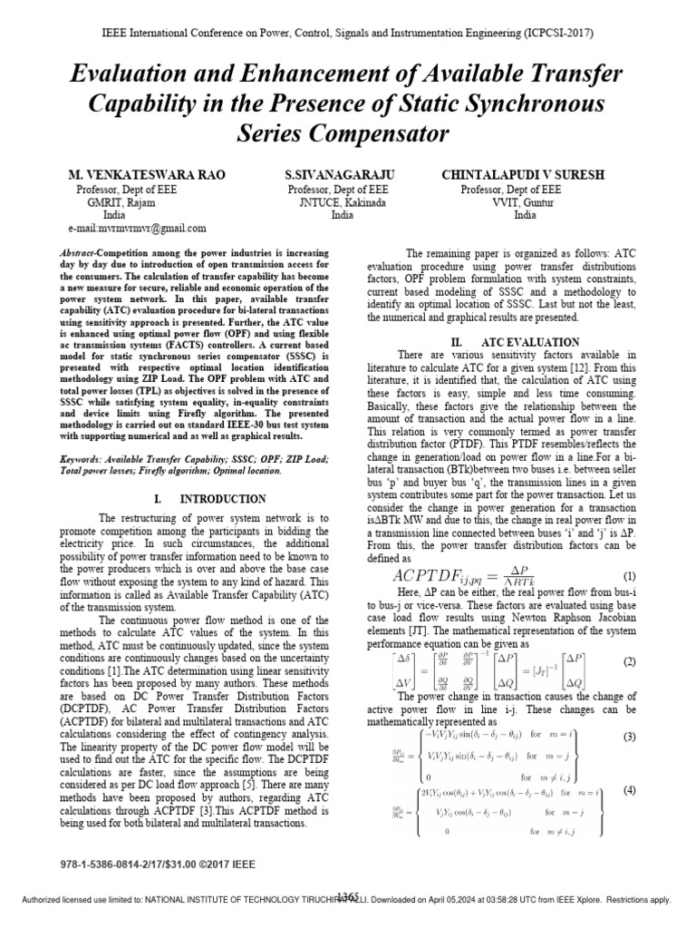 Evaluation and Enhancement of Available Transfer Capability in The Presence of Static ...