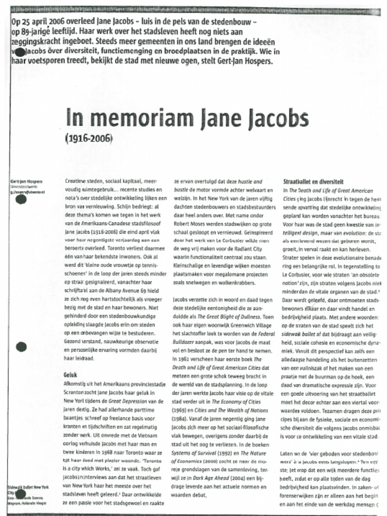 Artikel Hospers Jane Jacobs | PDF