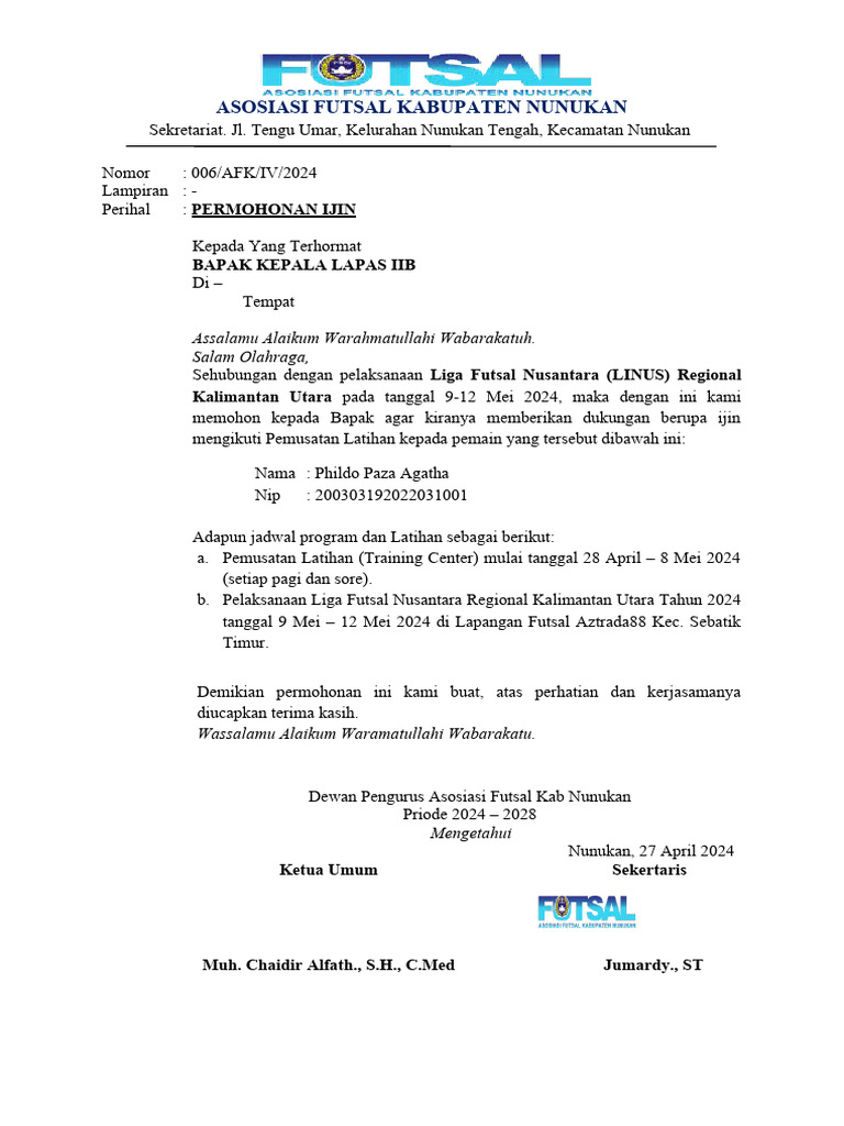 Surat Ijin Mengikuti Pertandingan | PDF