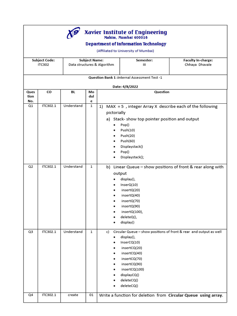 3144DSA Question Bank 2022-23docx | PDF | Queue (Abstract Data Type) | Computer Programming
