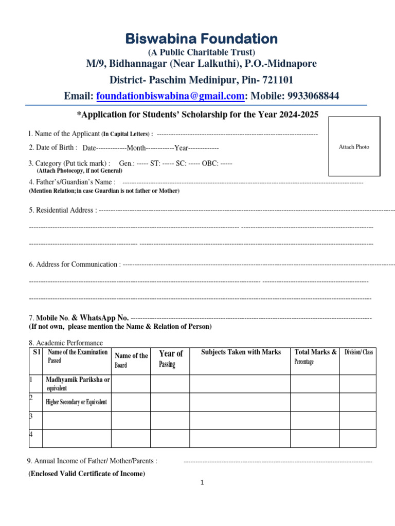BBF Application Form For Scholarship 2024 2025 | PDF