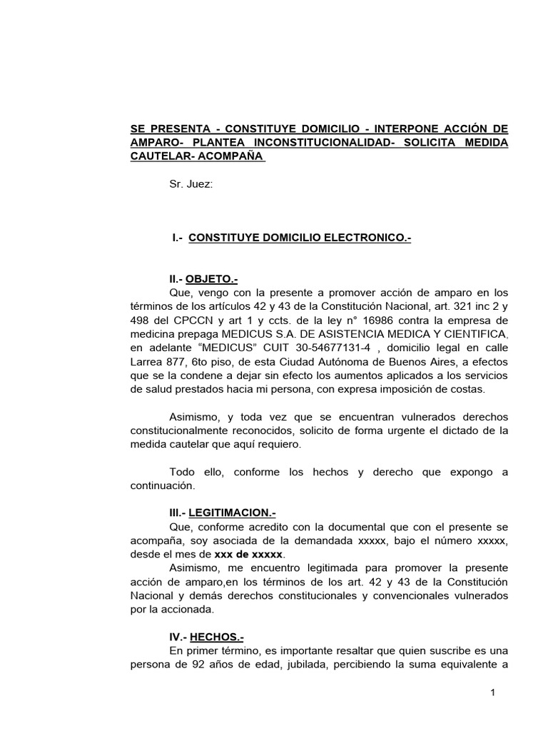 Se Presenta - Constituye Domicilio - Interpone Acción de Amparo - Plantea Inconstitucionalidad ...