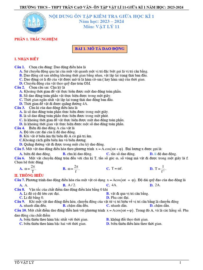 (VL11) Nội Dung Ôn Tập Giữa HK1-CTST-HS | PDF