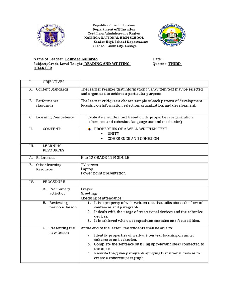 LP For Coherence Activity | PDF | Learning | Paragraph