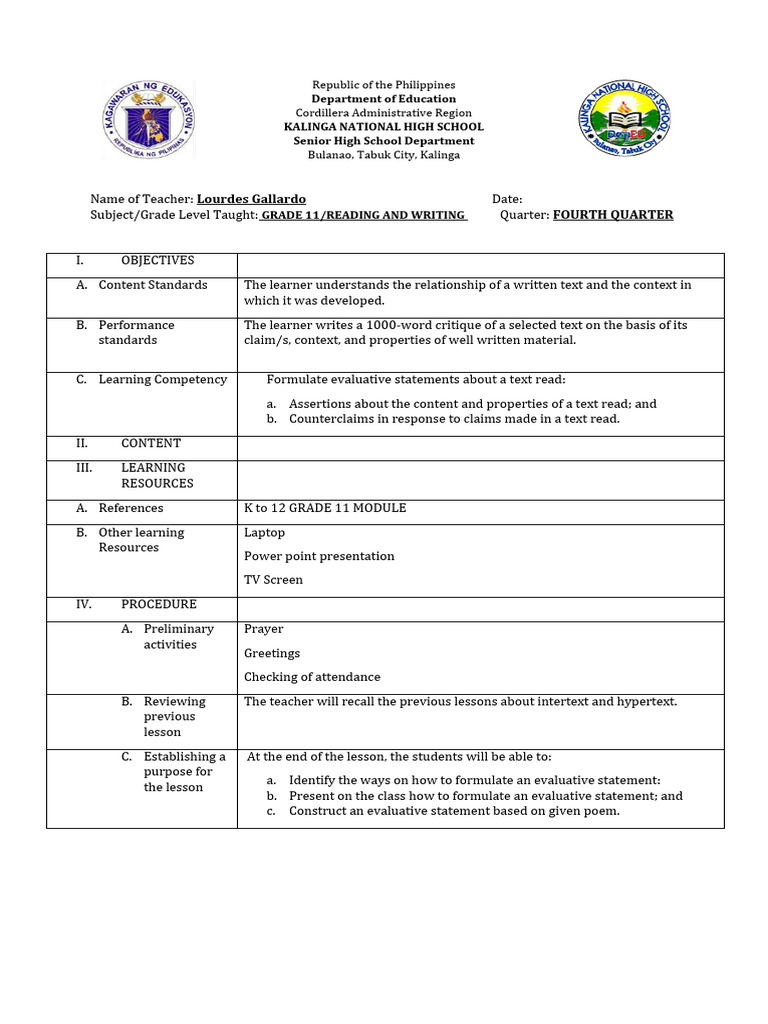 LP For Evaluative Statements | PDF | Poetry | Learning