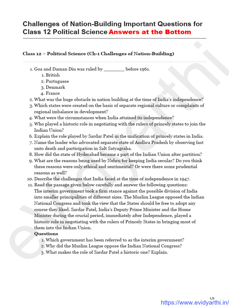 Class 12 Political Science II Chapter 1 Important Questions | PDF ...