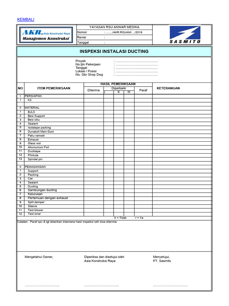 Form-Inspeksi Instalasi Ducting | PDF
