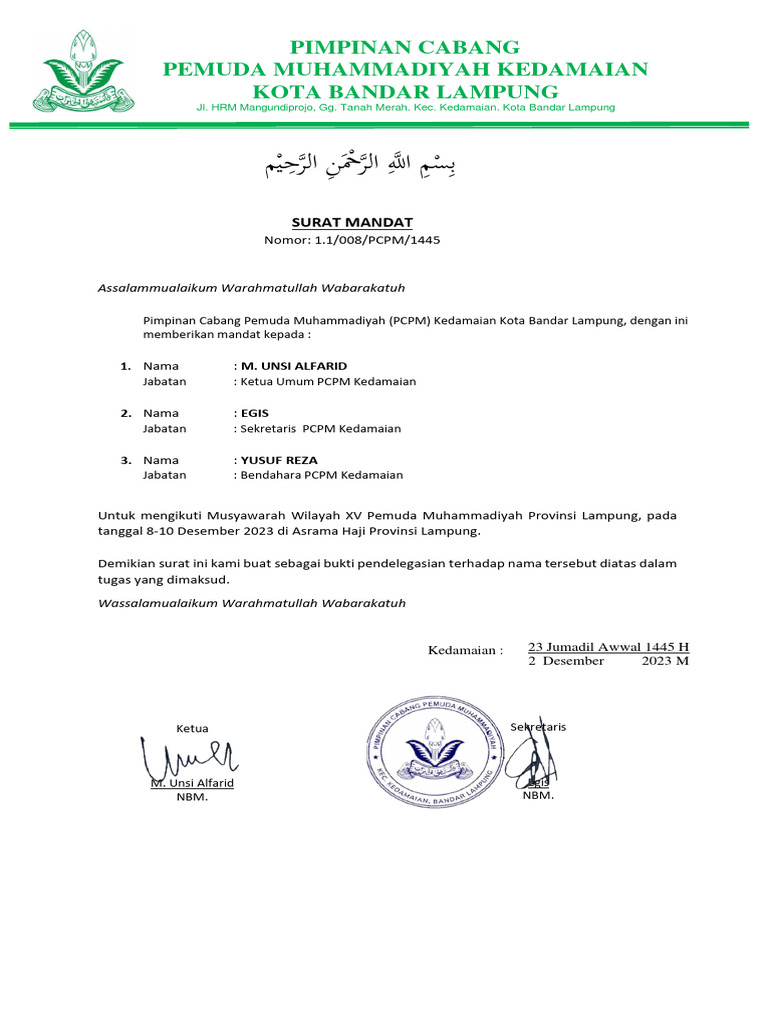 SURAT MANDAT PCPM Kedamaian | PDF