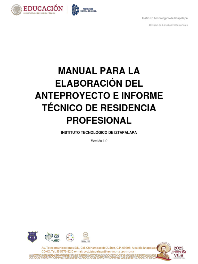 Manual para La Elaboracion de Anteproyecto e Informe Tecnico de Residencia Profesional 1.0 ...