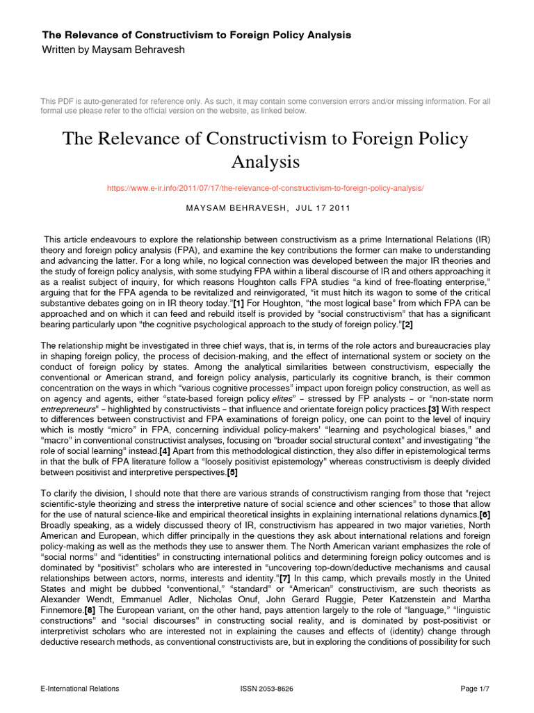 Behravesh - The Relevance of Constructivism To Foreign Policy Analysis ...