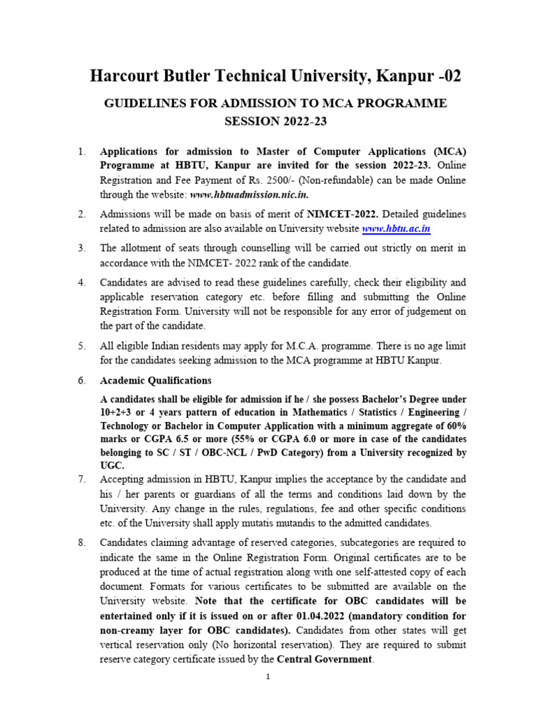 Revised Guidelines For Admission To MCA 2022 23 | PDF
