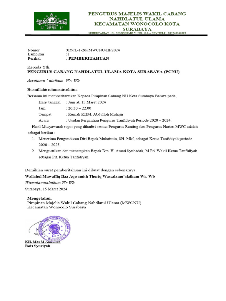 Surat Pemberitahuan Pengurus MWC NU | PDF