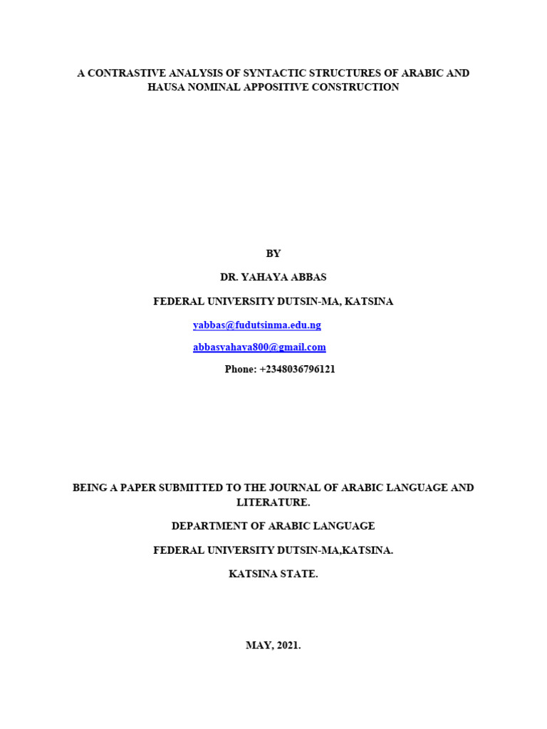 A Contrastive Analysis of Syntactic Structures of Arabic and Hausa Appositive Construction | PDF ...