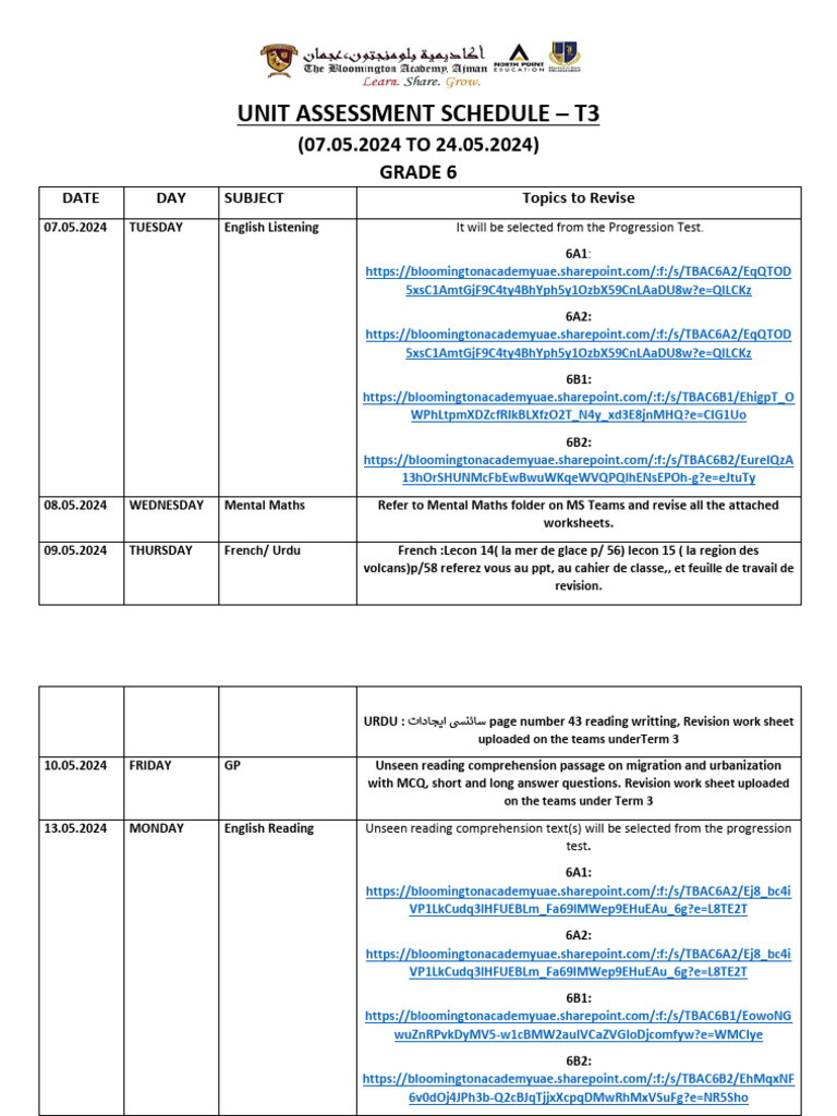 Unit Assessment Schedule - GR 6 - t3 2024-04-26 13-00-15 | PDF ...