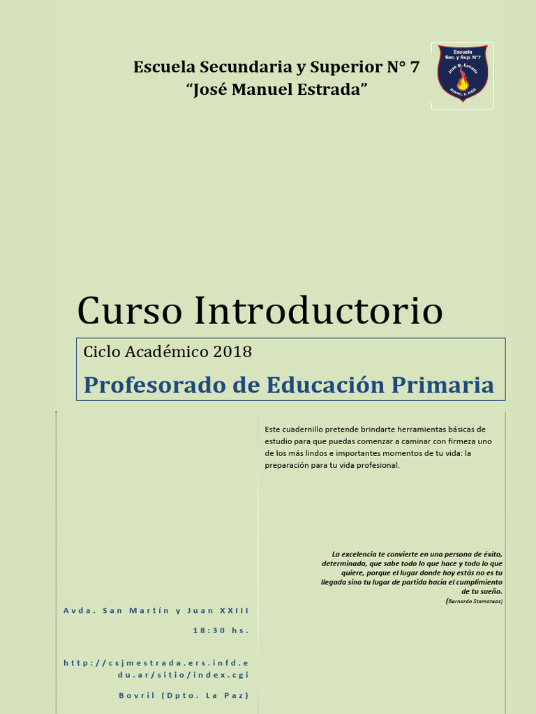 Cuadernillo Curso Introductorio 2018 - PROFESORADO DE EDUCACION PRIMARIA | PDF | Aprendizaje ...