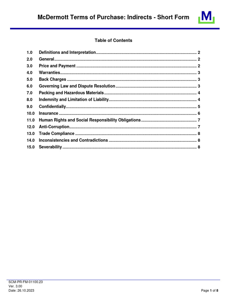 SCM-PR-FM-01100.23 - McDermott Terms of Purchase Indirects - Short Form - 3.00 | PDF | Liability ...