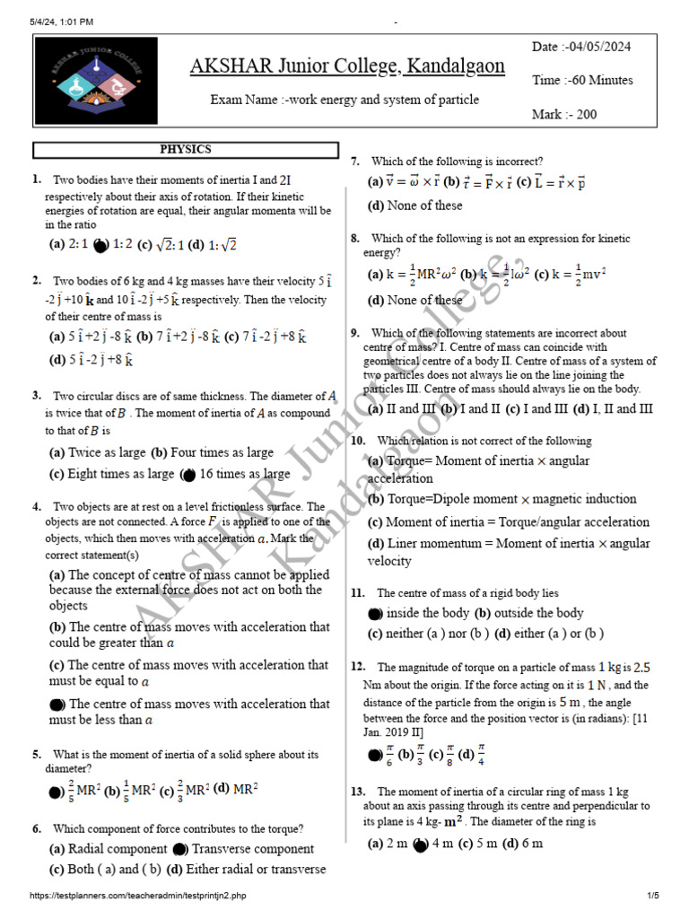 Work Energy Power and System of RD-1 | PDF | Torque | Collision