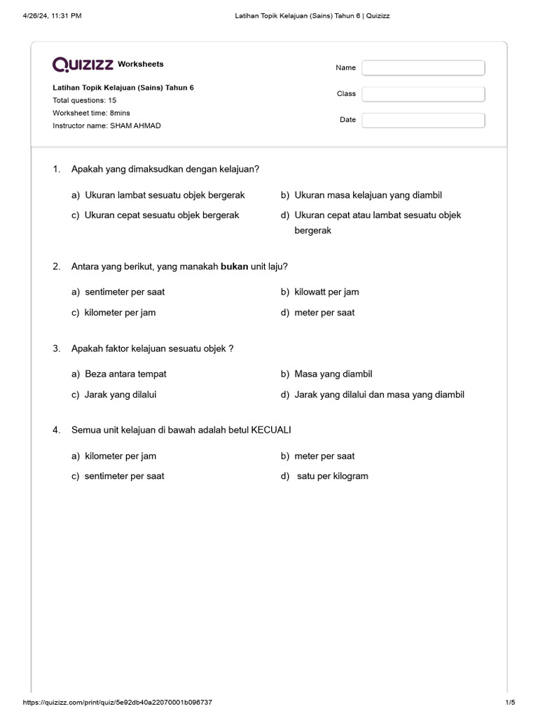 Latihan Topik Kelajuan (Sains) Tahun 6 - Quizizz | PDF