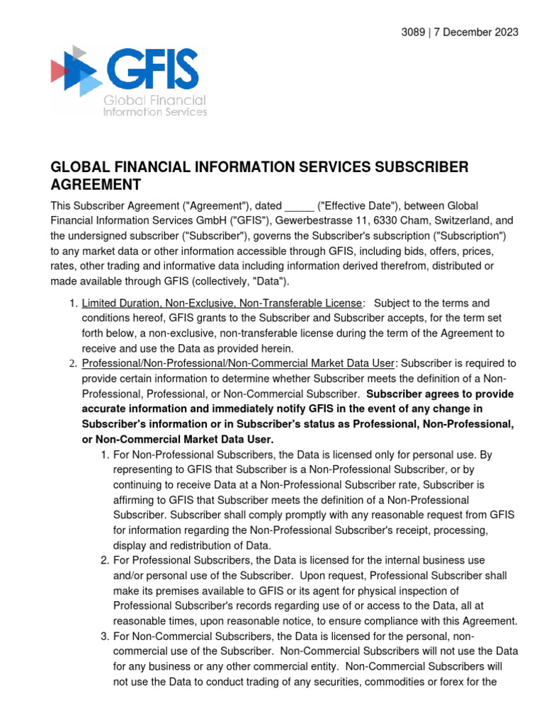 GFIS Subscriber Agreement Overview | PDF | Indemnity | Arbitration