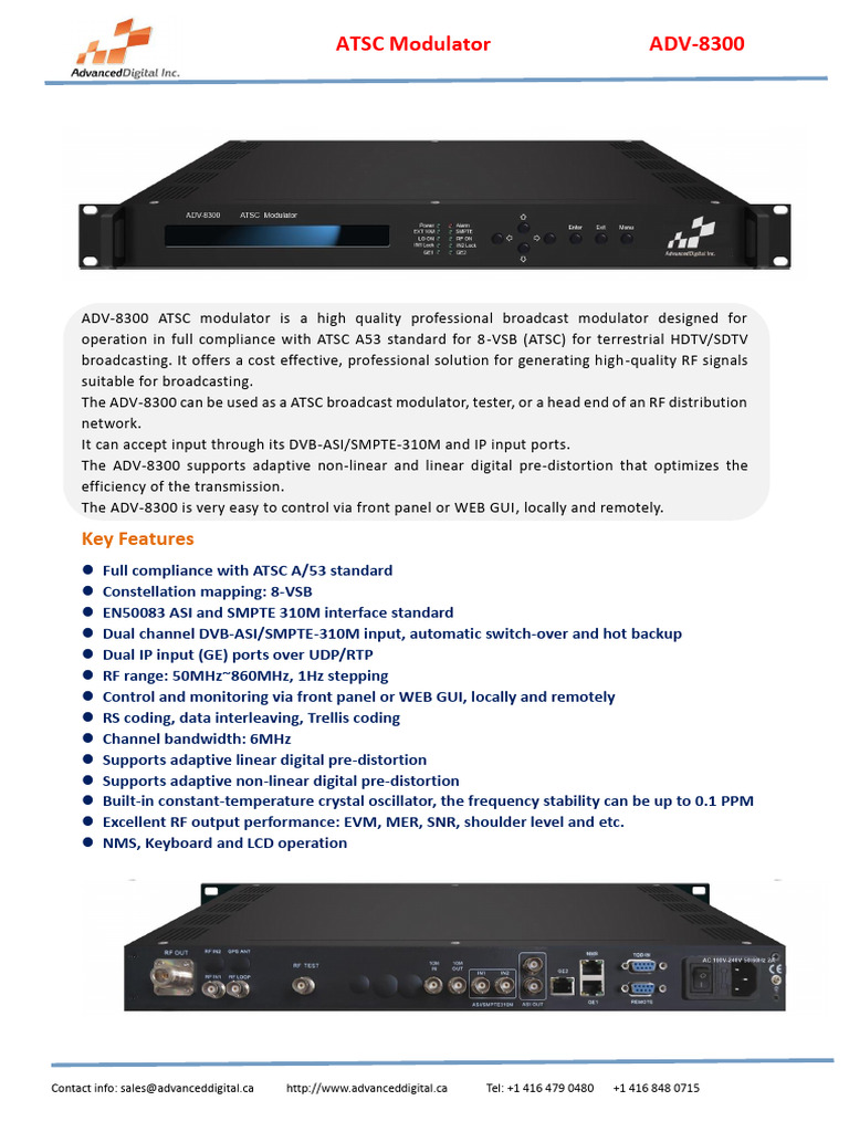 ATSC Modulator ADV-8300 Specs | PDF | Modulation | Electronic Engineering