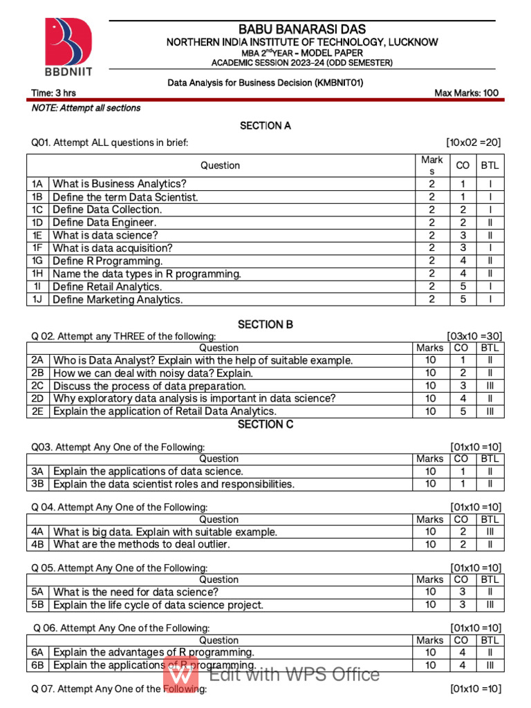 DABD (KMBNIT01) Model Paper With Solution | PDF | Data Science | Data ...
