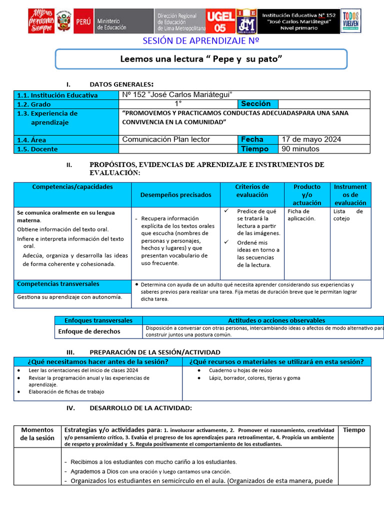 SESION PLAN LECTOR VIERNES 13_05_24 | PDF | Evaluación | Aprendizaje