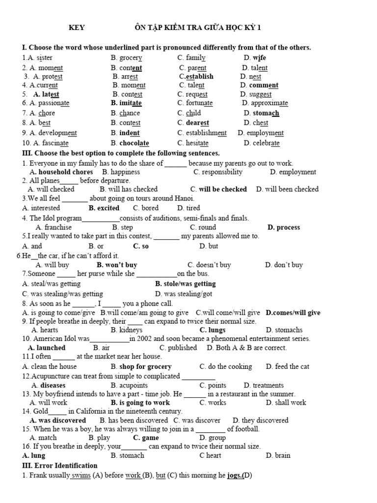 Key - de Cuong Giua Ki 1 Tieng Anh 10 Thi Diem | PDF | Skeleton