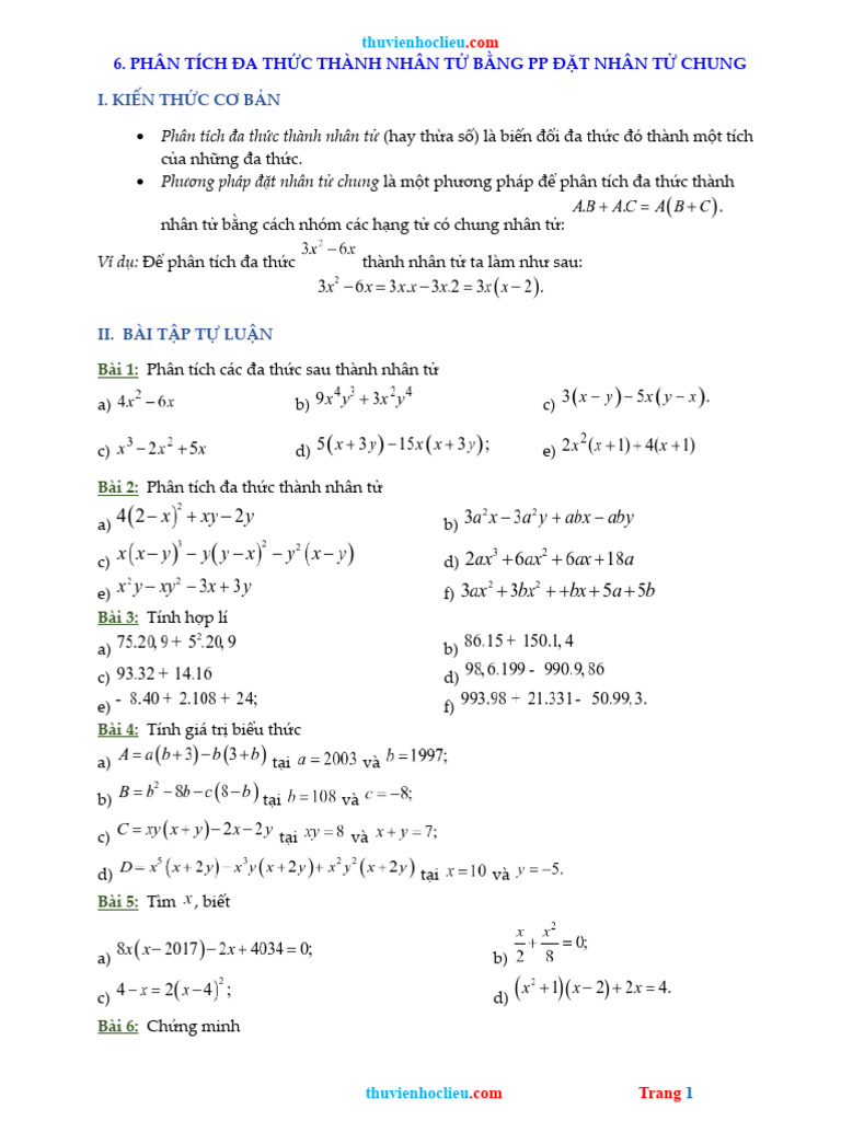 Bai Tap Toan Lop 8 PHAN TICH DA THUC THANH NHAN TU BANG PP DAT NHAN TU ...