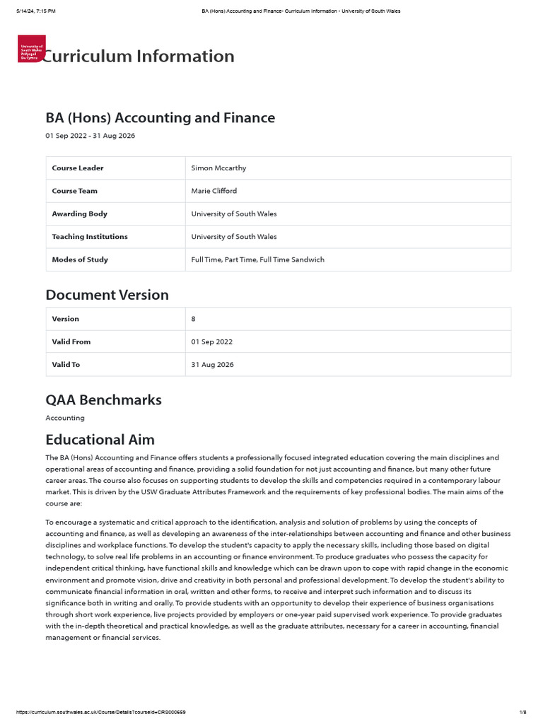 BA (Hons) Accounting and Finance Overview | PDF | Lecture | Accounting
