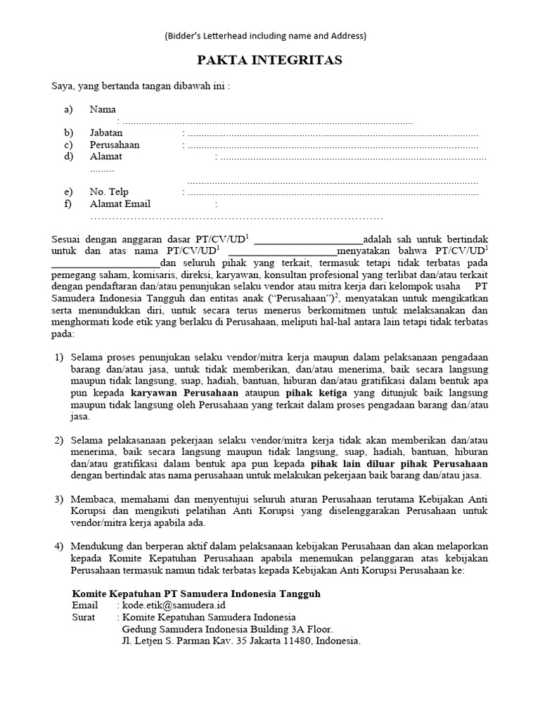 Pakta - Integritas - P01 - (Badan Usaha) 2.0 | PDF